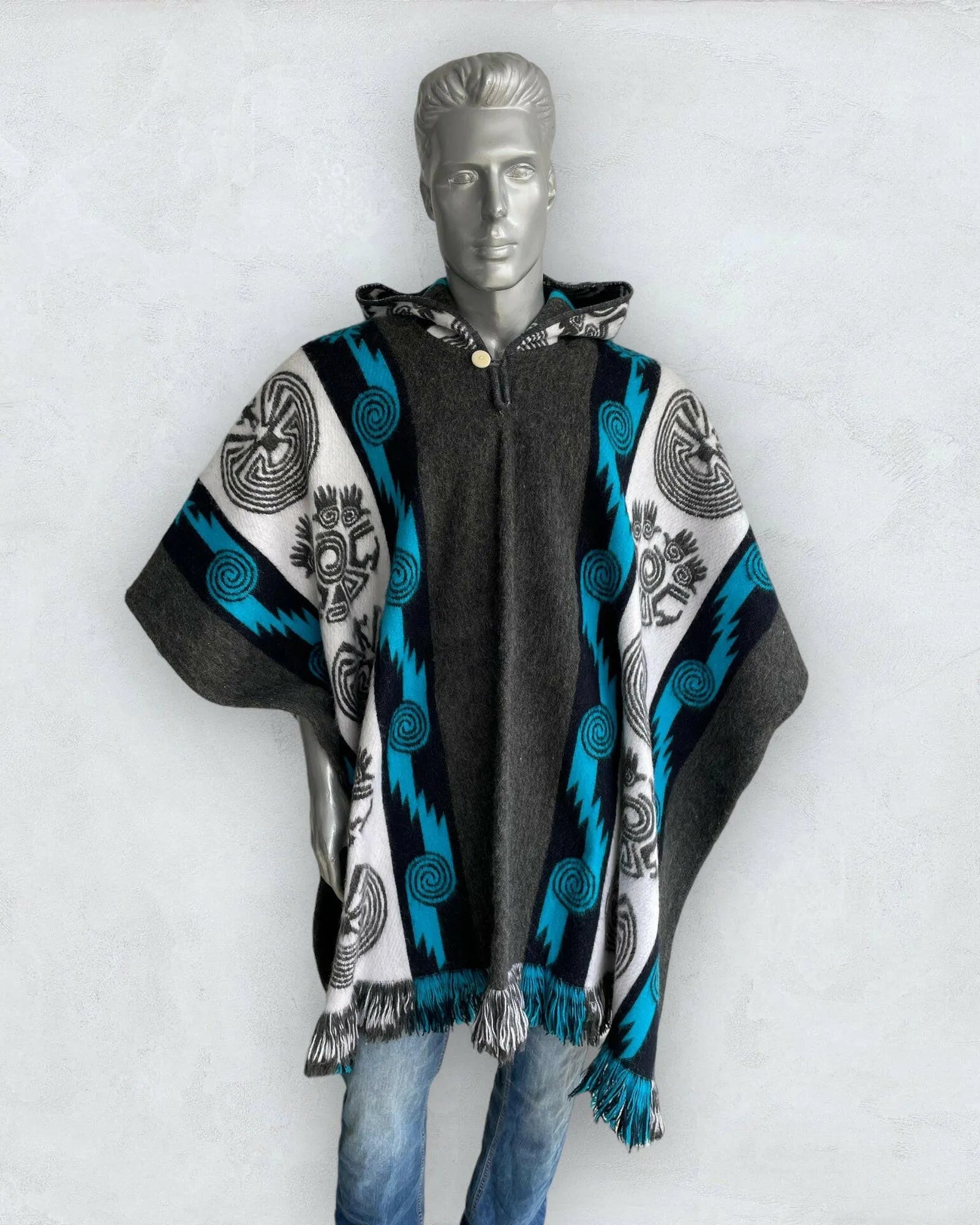 Poncho Hood Wool Grey Blue – TomHats